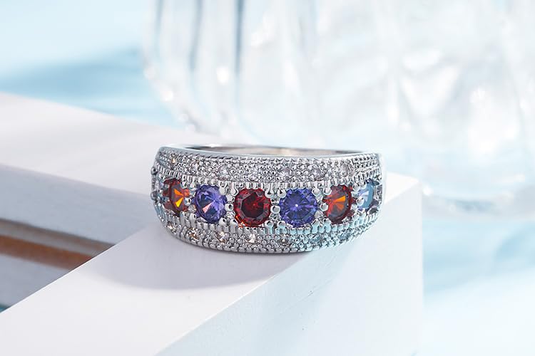 Emsione Women's 925 Sterling Silver Plated Round Created Pink Topaz & Ruby Spinel Vintage Style Ring Band Statement Cocktail Ring Size 10