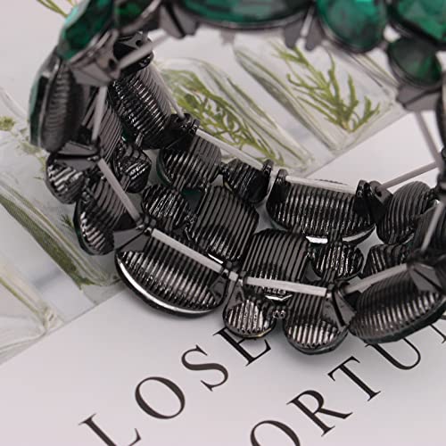 Enrwin Women’s Wedding Bridal Crystal Leaf Flower Stretch Bangle Elastic Wide Bracelet Jewelry for Brides Bridesmaid (Emerald-Jet Plated, Alloy)