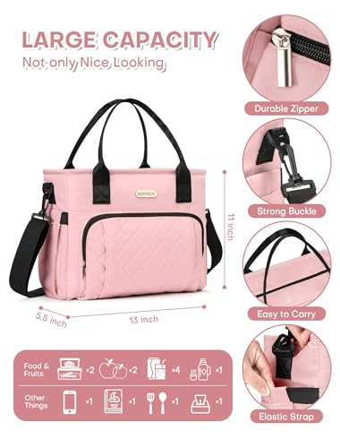 ESMNOAN 13L Large Insulated Lunch Bag, Leak Proof Lunch Box for Women with Bottle Holder & Adjustable Shoulder Strap, Lunch Cooler Bag for Work Picnic Beach, Pink