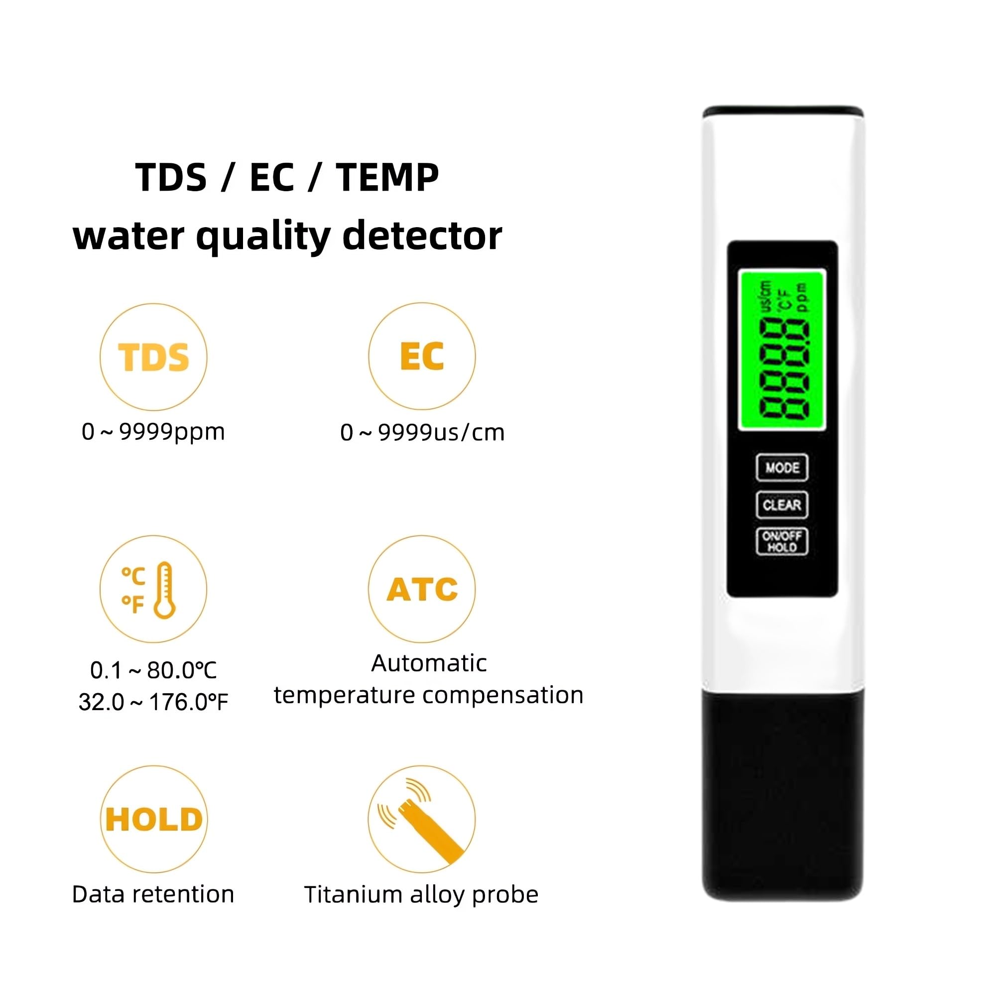 TDS Meter Digital Water Quality Tester,EC Meter & Temperature Meter 4 in 1,for Ro-Rodi System Drinking Water,Water Quality Tester 0-9990 PPM Measuring Range,1 PPM Increments(White)