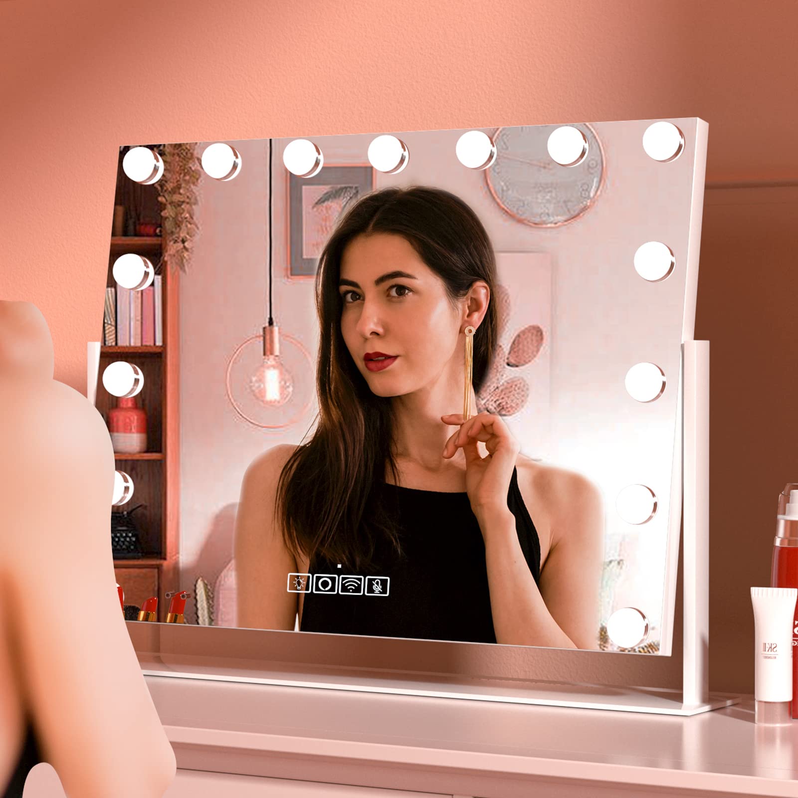 Fenair Makeup Mirror with Lights Voice controls The Bulb's lighting and color,360°Rotation, Vanity Mirror with 15 Dimmable Bulbs