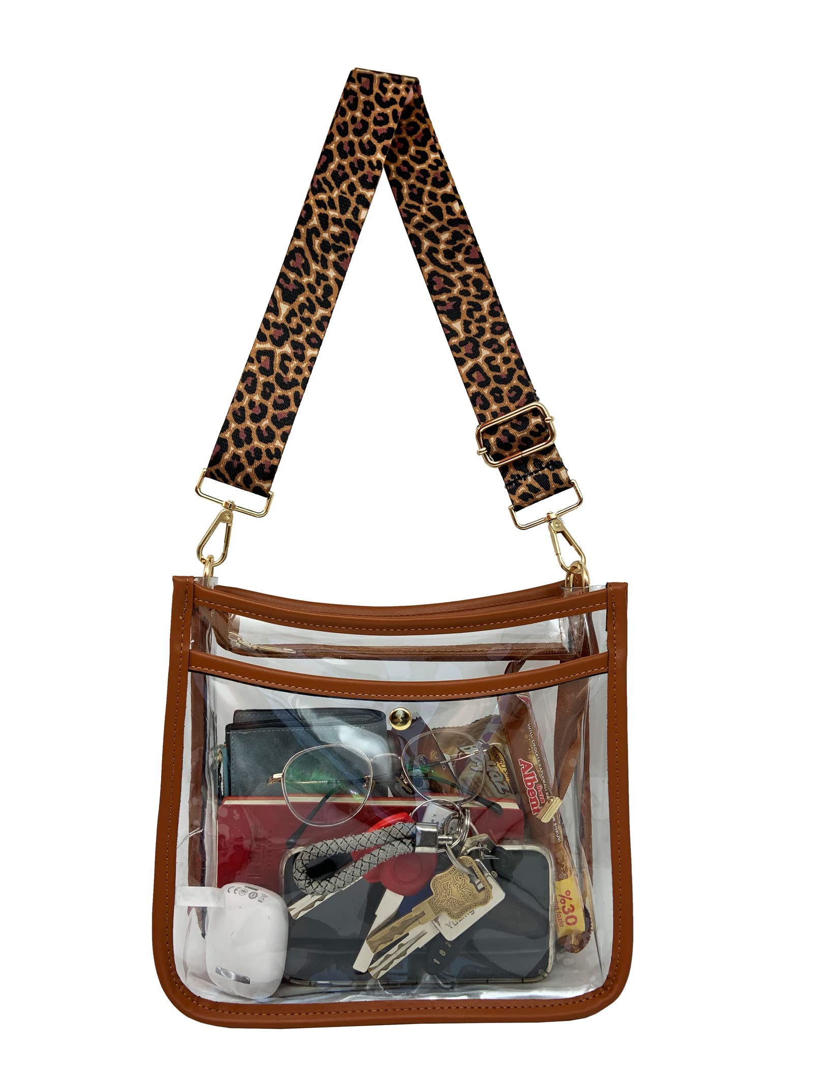 HAIBOLAN Leopard Guitar Strap Clear Bag Stadium Approved Clear CrossBody Bag Women Shoulder Handbag Purse (Black)