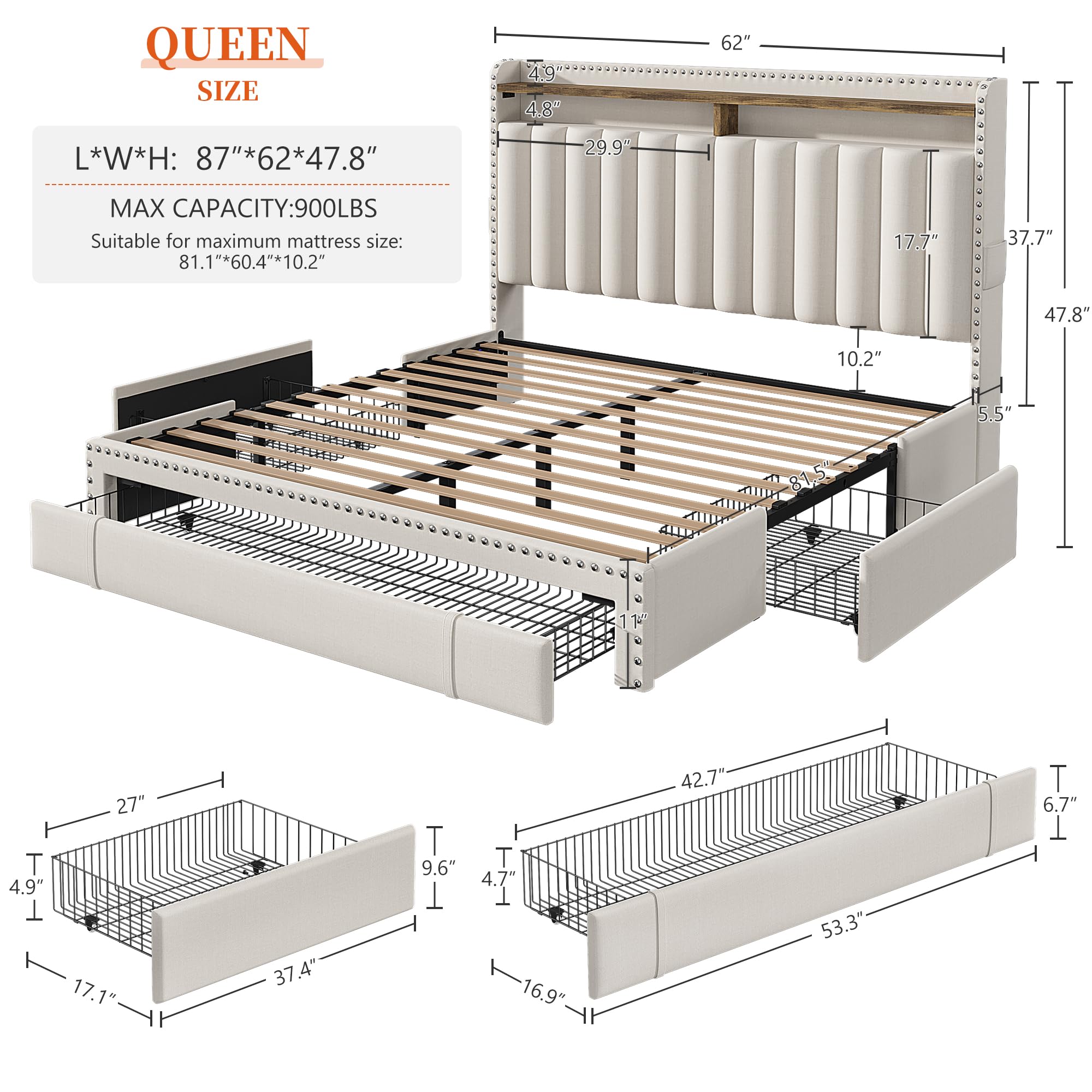 EnHomee Queen Bed Frame with 3 Drawers, Upholstered Bed Frame Queen Size, Queen Size Bed Frame with Headboard, Queen Bed Frame with Storage, No Box Spring Needed, No-Noise, Easy Assembly, Beige