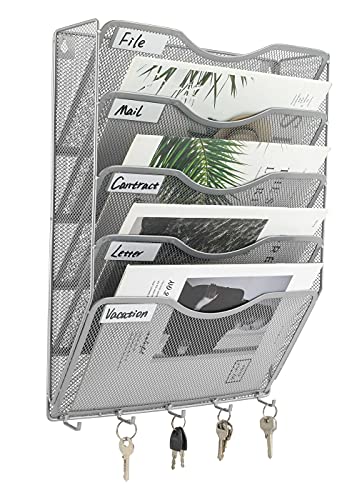 EasyPAG Wall Mount File Organizer with Key Hooks 5 Pocket Vertical Mesh Hanging Wall File Holder Magzine Paper Folders Rack for Office and Home,Silver