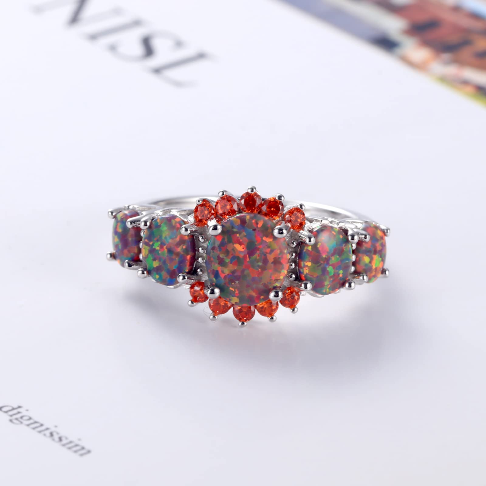 FEELDAN White Gold Plated Sterling Silver Cubic Zirconia & Fire Opal Prong Setting Birthstone Rings