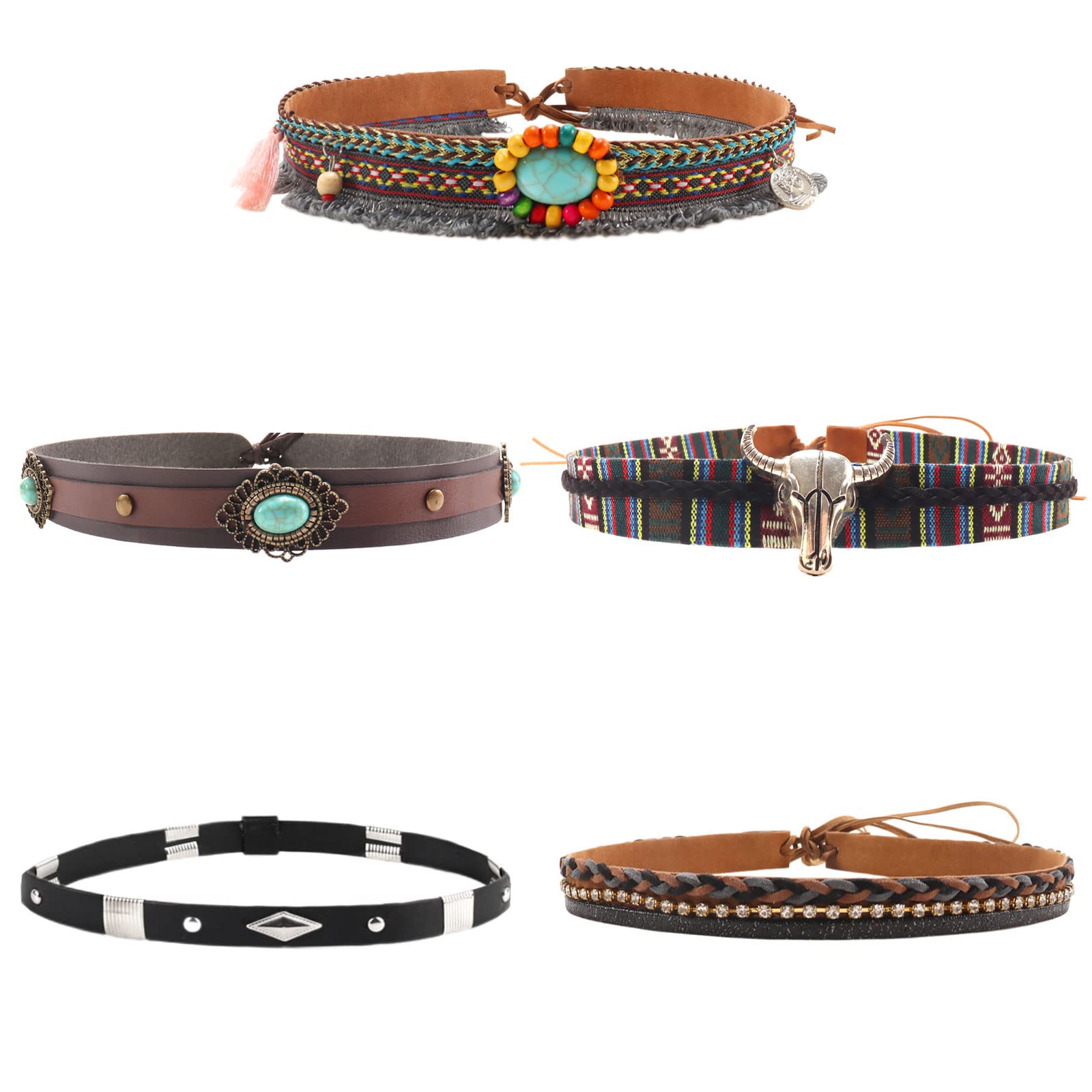 Homiton 5Pcs Cowboy Hat Band Replacement Handmade Ethnic Western Hat Belts for Straw Felt Fedora Panama Hats (Hatband 01)