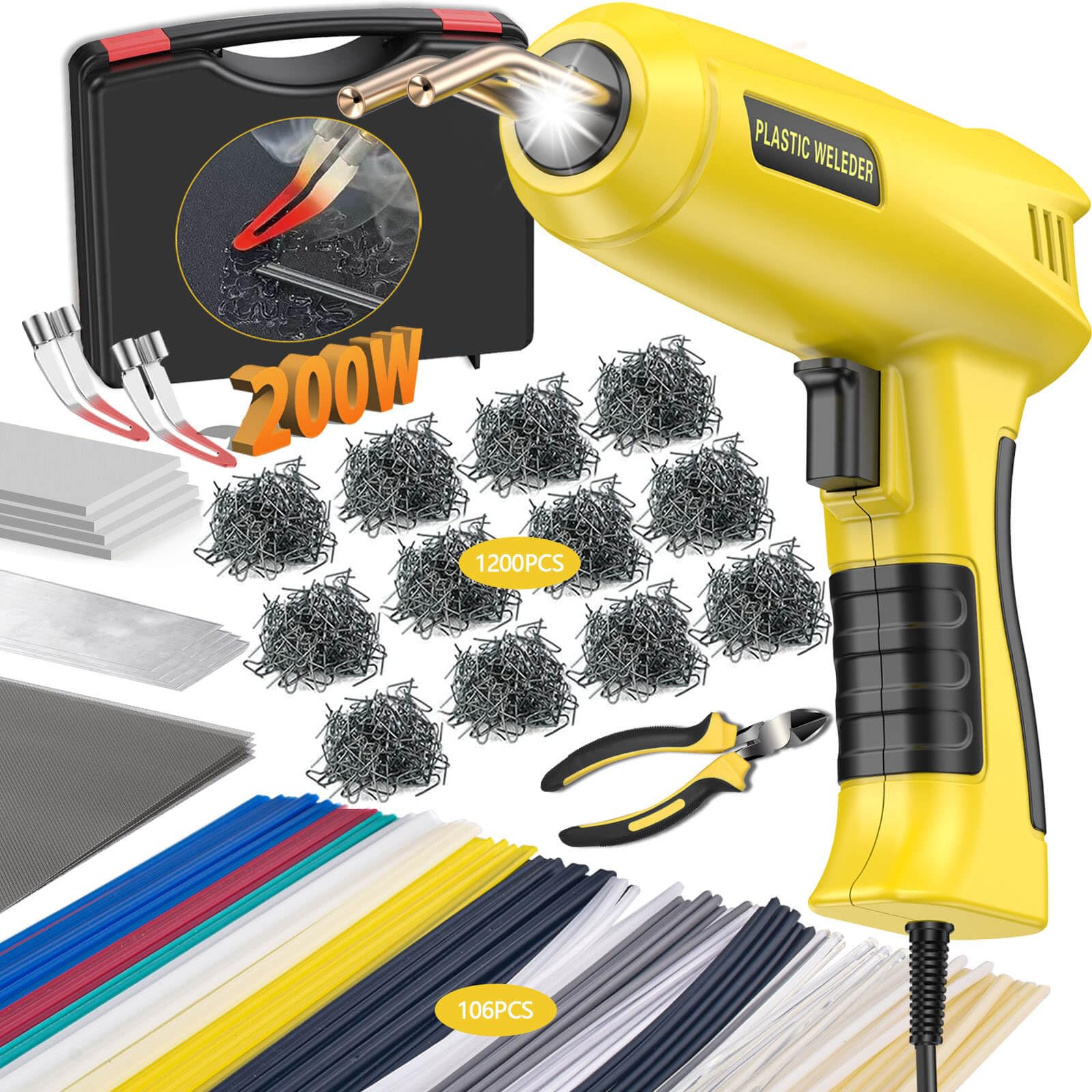 EASYWELDER Upgrade 200W Plastic Welder, 1200PCS Hot Staples&106PCS 12 Colors Welding Rods Plastic Welding Kit, 3 IN 1 Plastic Repair Kit, Plastic Welding Gun for Car Bumper/Kayak Plastic Repairs