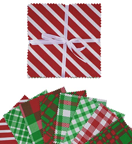 Soimoi Precut 10-inch Check Prints Cotton Fabric Bundle Quilting Squares Charm Pack DIY Patchwork Sewing Craft- Red & Green