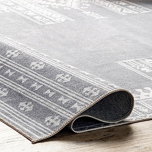 nuLOOM Joelle Machine Washable Tribal Geometric Border Ultra Thin Area Rug, 8' x 10', Light Grey