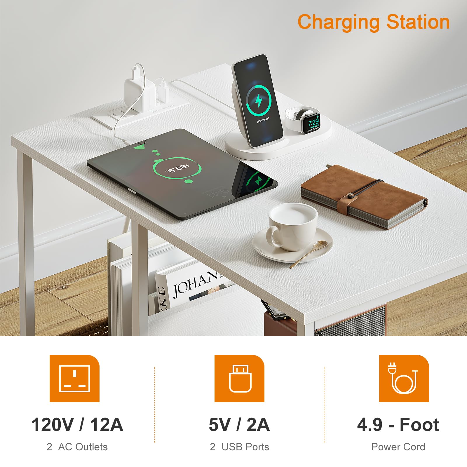 REAHOME End Table with Charging Station, Side Tables with Wheels, Nightstand with Storage Shelves for Small Space, Bedside Table for Bedroom-White