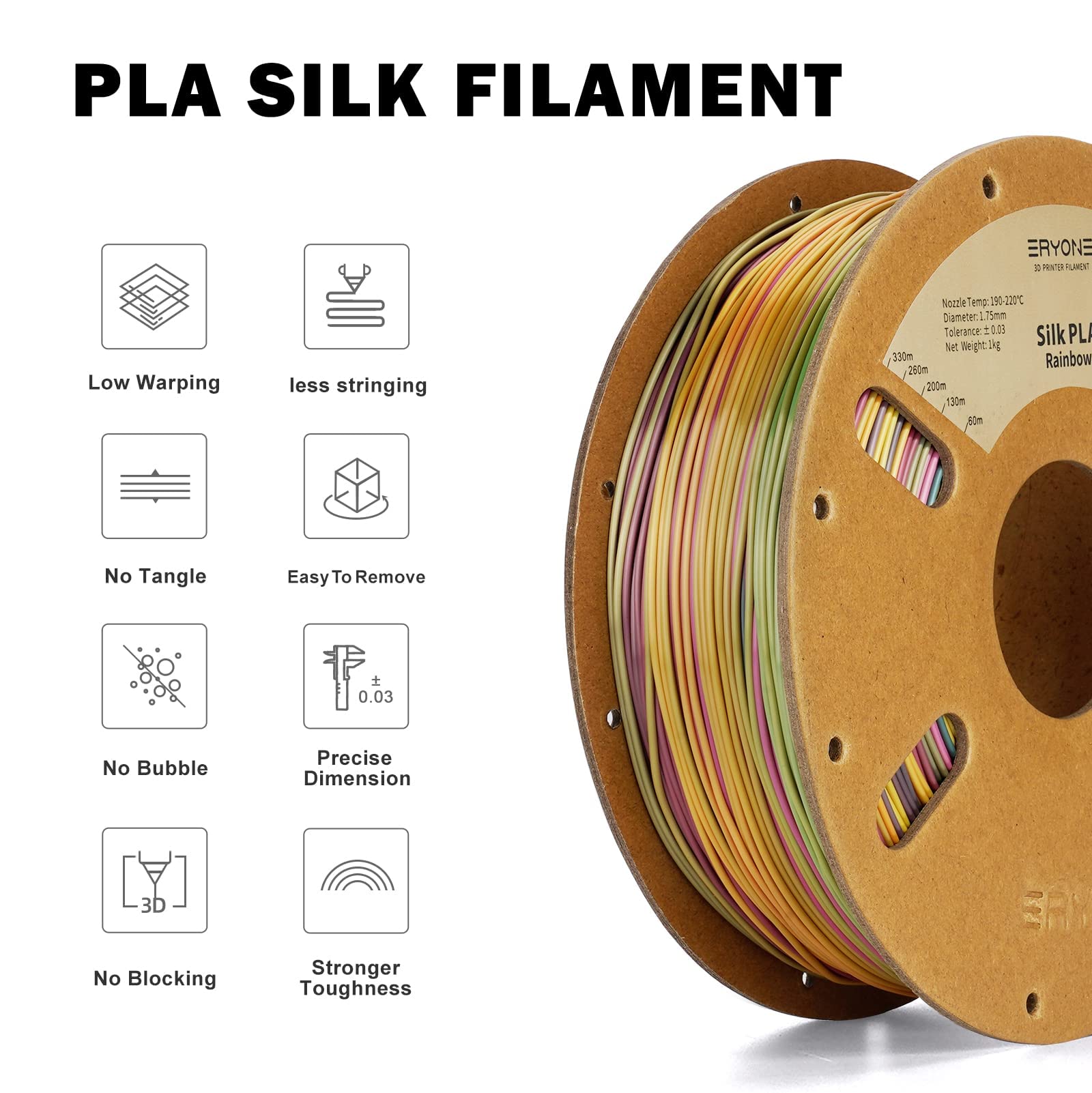 Enisina Silk Rainbow PLA Filament 1.75mm with Gradient Five Colors,Compatible for FDM 3D Printer
