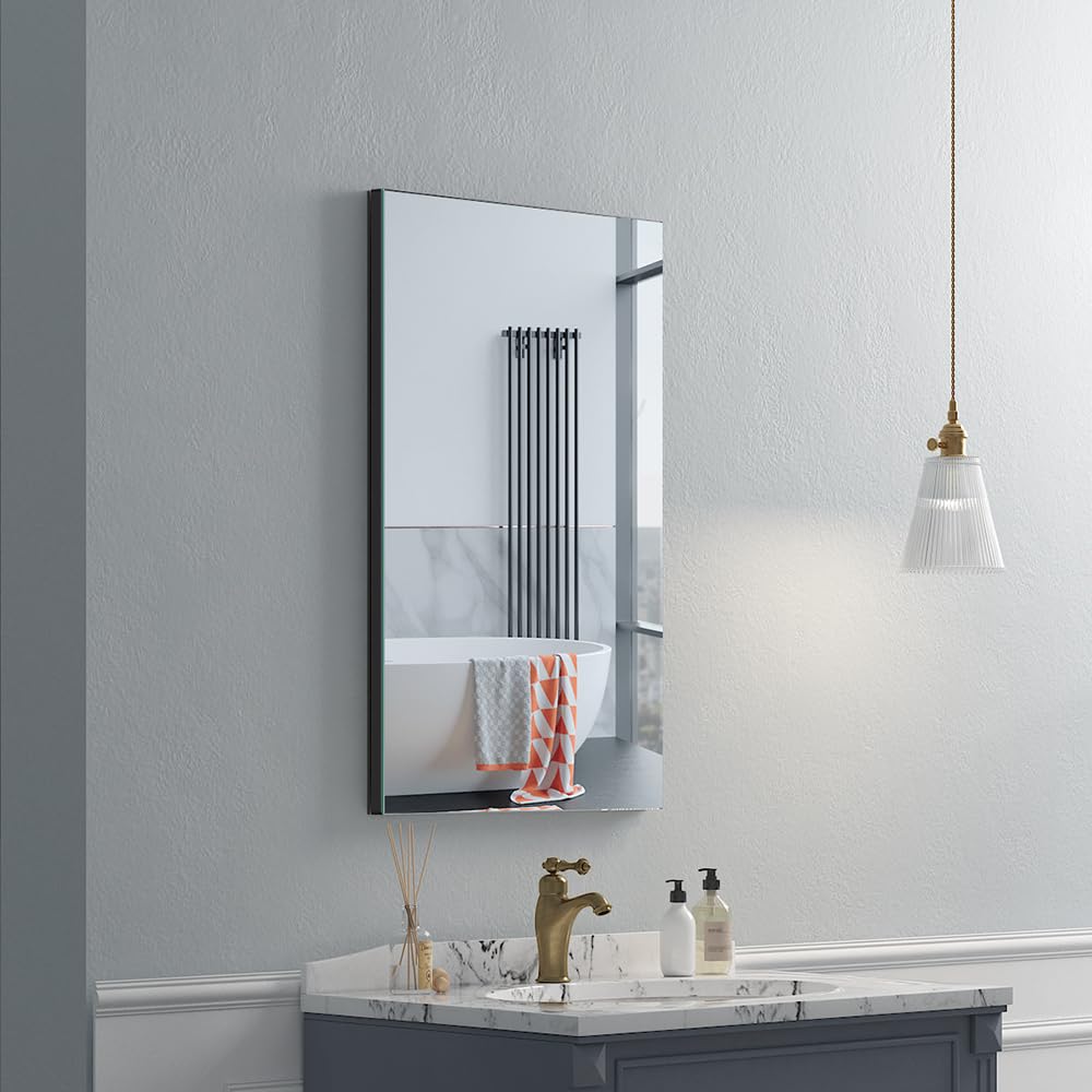 Quavikey Medicine Cabinet with Aluminum Recessed or Surface Mount Bathroom Mirror with Storage 16x26 Inch, Black