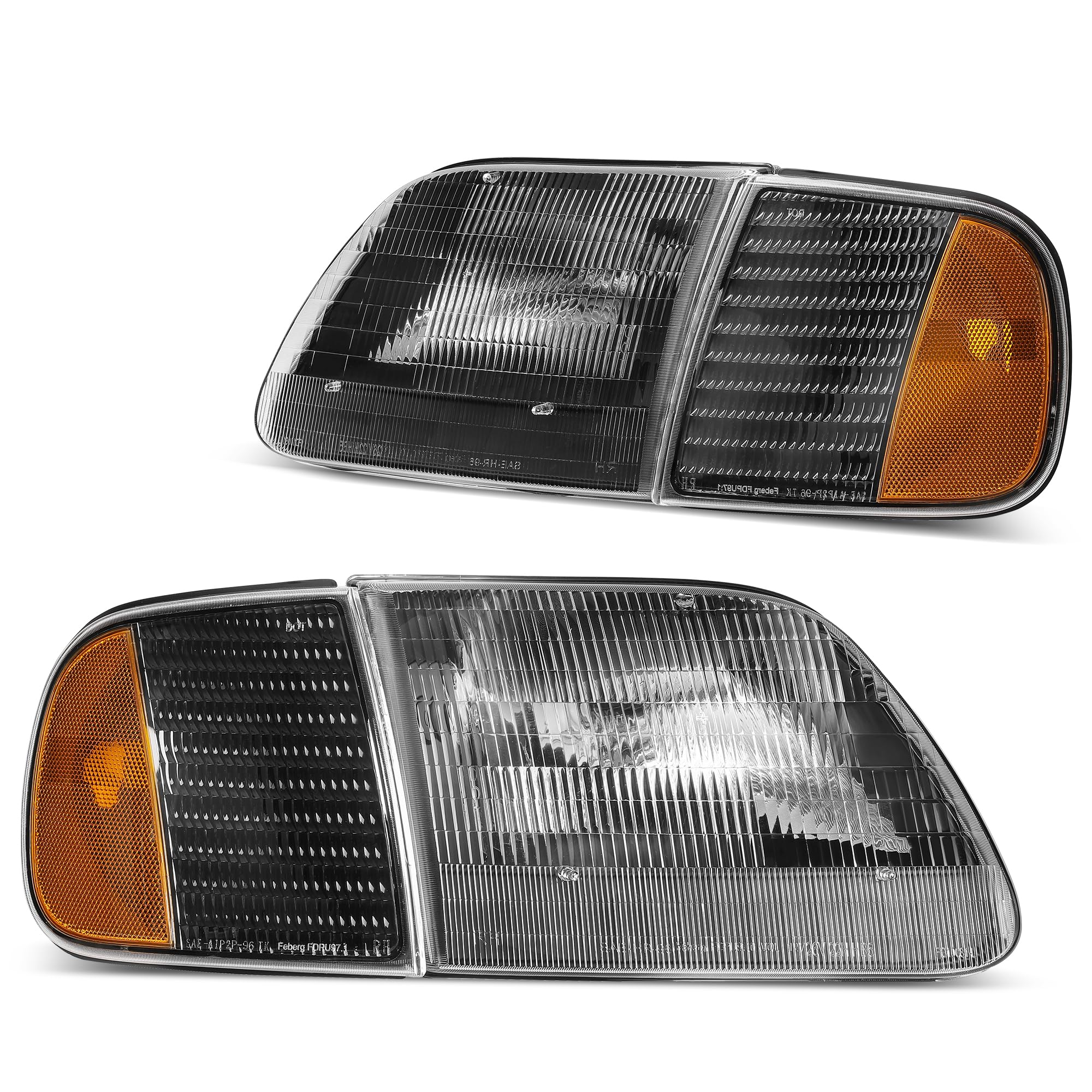 DWVO Headlight Assembly Compatible with 1997-2003 Ford F-150 Pickup/1997-2002 Ford Expedition Headlamp with Corner Light Black Housing Amber Reflector