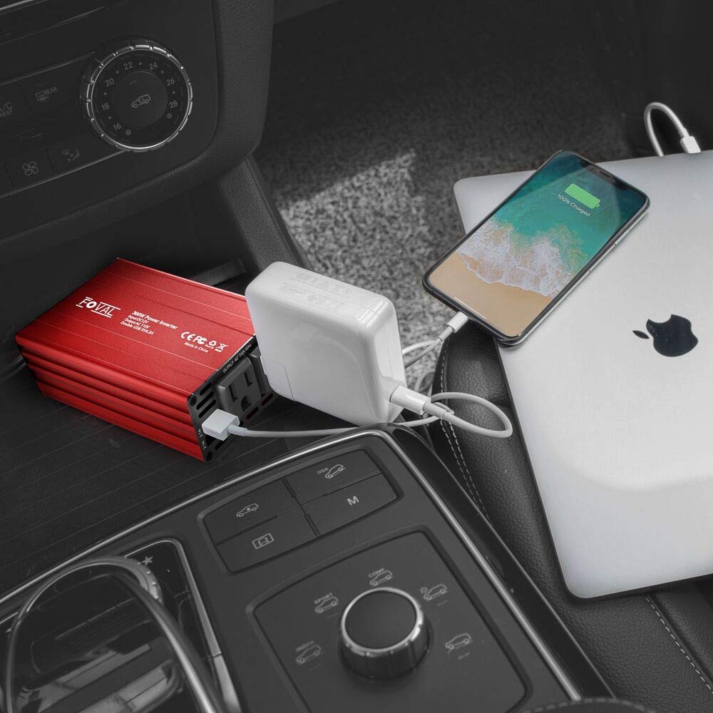 FOVAL Power Inverter 300W DC 12V to 110V AC Converter with 4.2A Dual USB Car Charger Red