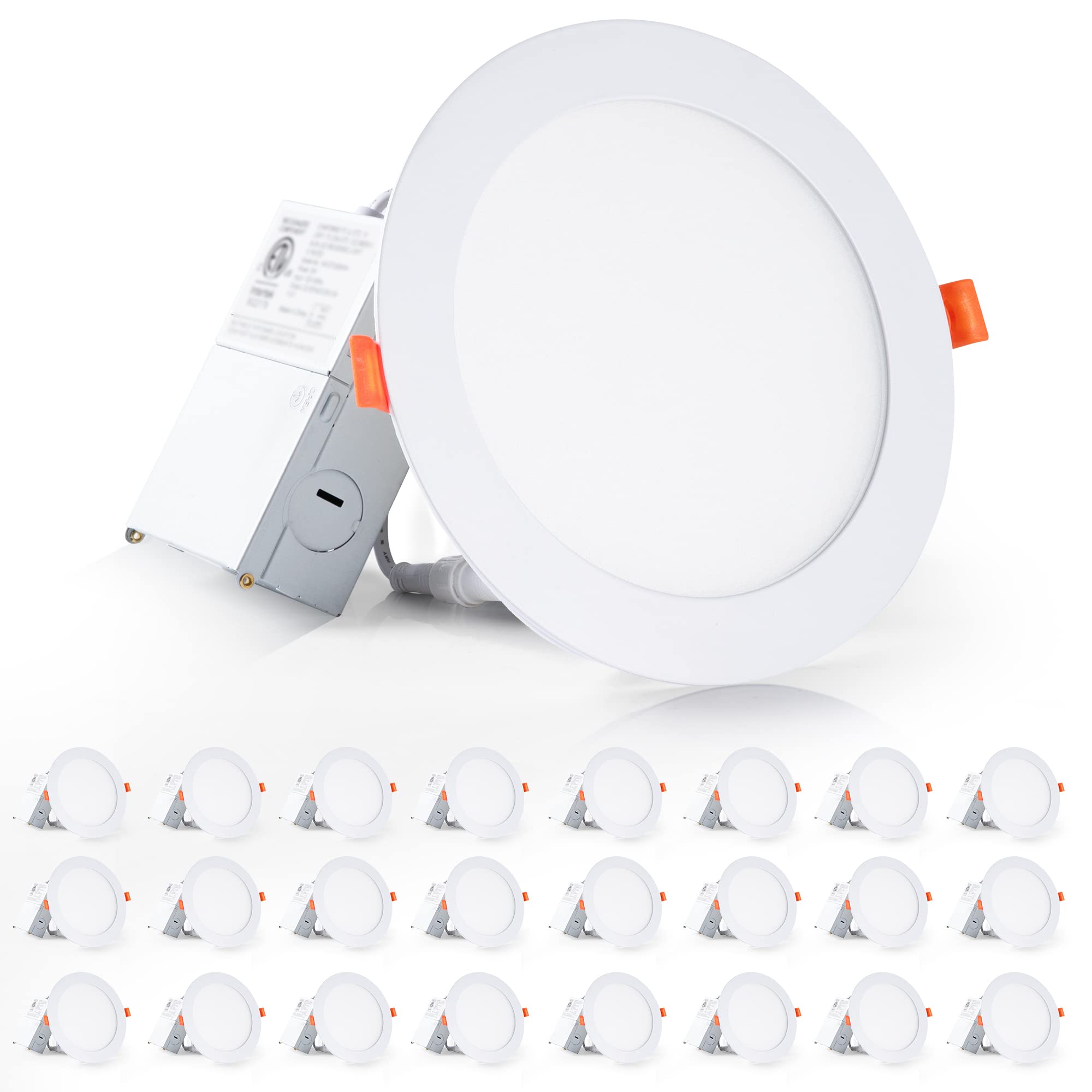 LEDIARY 24 Pack LED Recessed Lighting 6 inch with Junction Box, 6000K Clear White, 1100LM, 12W Eqv 110W, Dimmable Can-Killer Downlight - IC Rated, ETL Certified