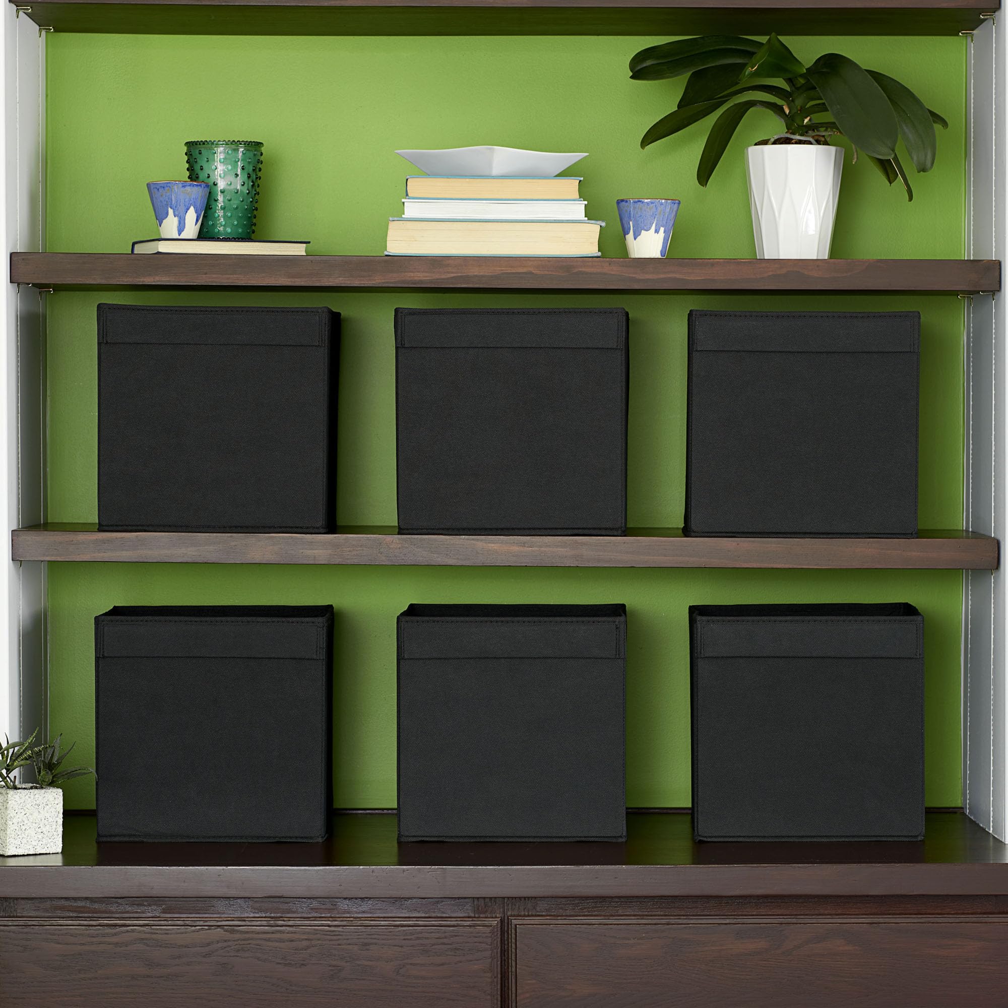 Household Essentials 86-1 Foldable Fabric Storage Bins | Set of 6 Cubby Cubes with Flap Handle, Black