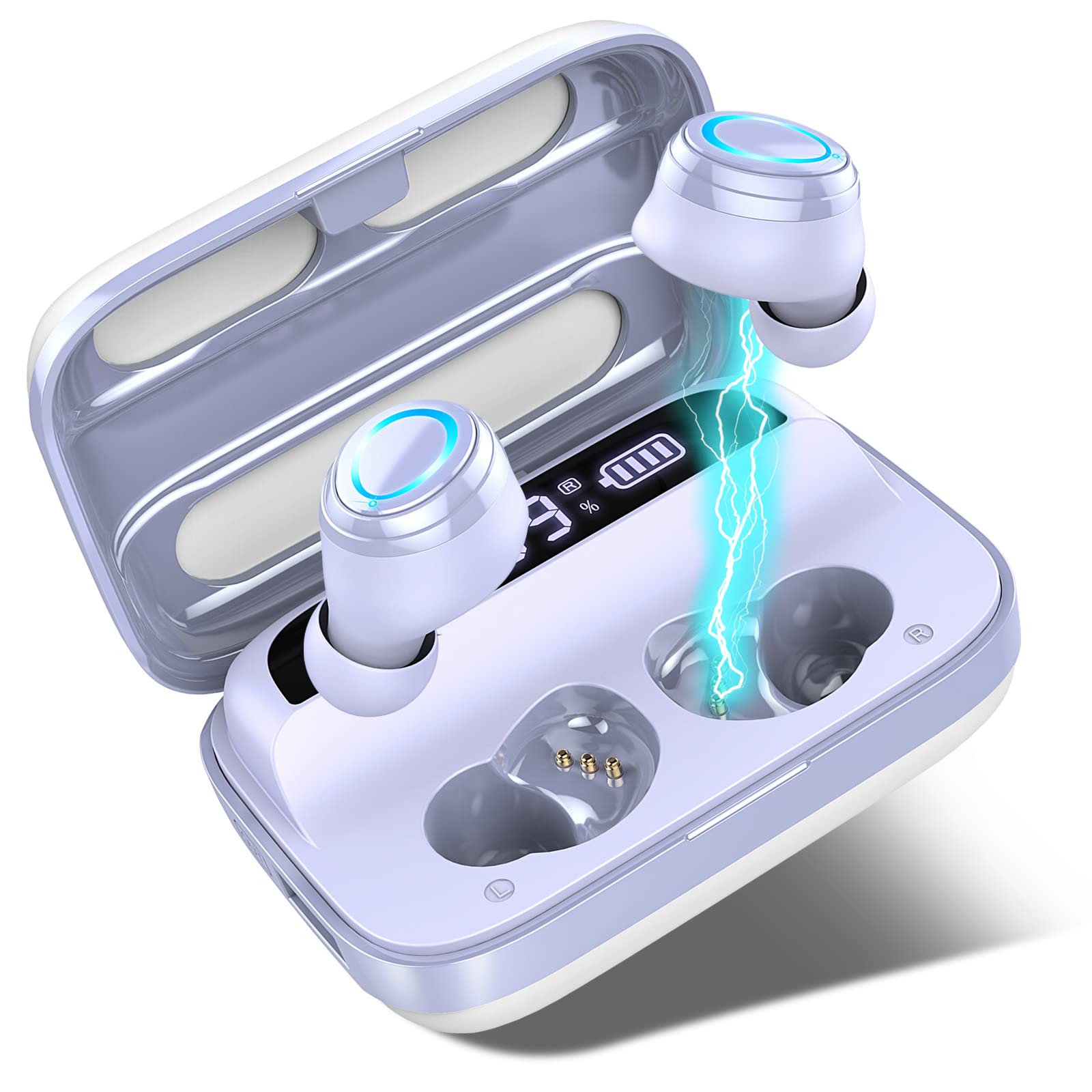 Donerton Wireless Earbud 5.3 Headphones 80 Hours Playtime Earphones with Charging Case, in Ear Headset IP7 Waterproof Earbud Noise Cancelling Microphone, LCD Display, for Working, Purple