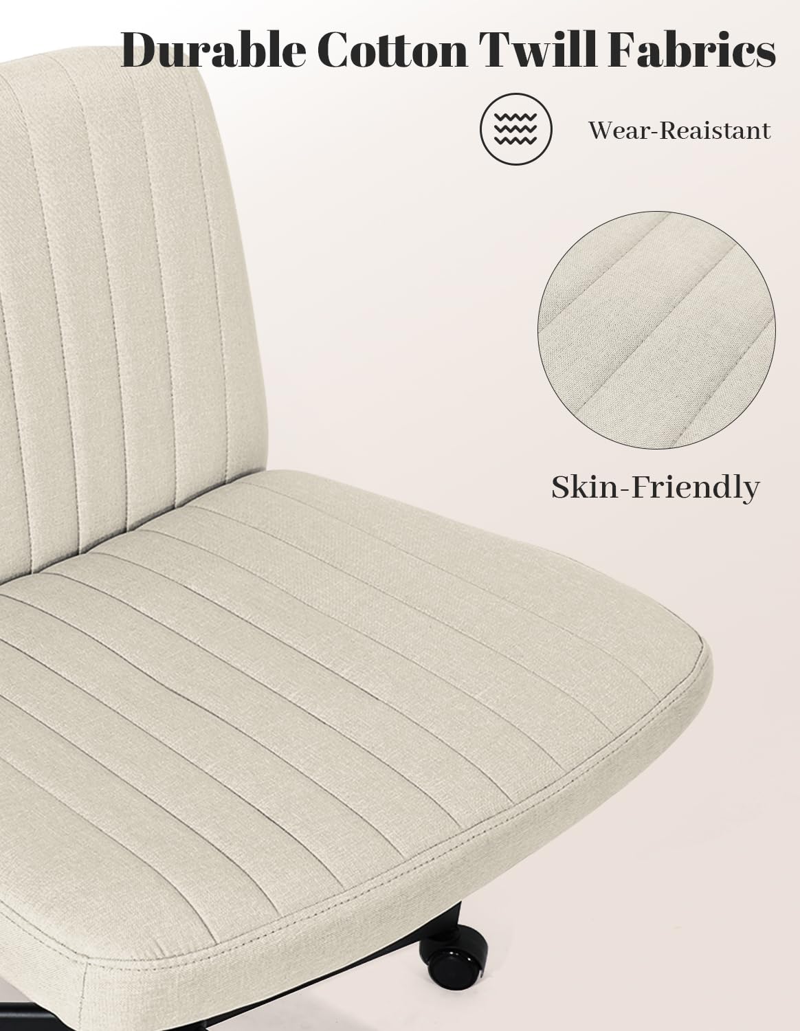 Murago Criss Cross Chair with Wheels, Extra Wide Cross Legged Office Desk Chair, Plus Size Swivel Vanity Chair, Height Agjustable Chair, Beige