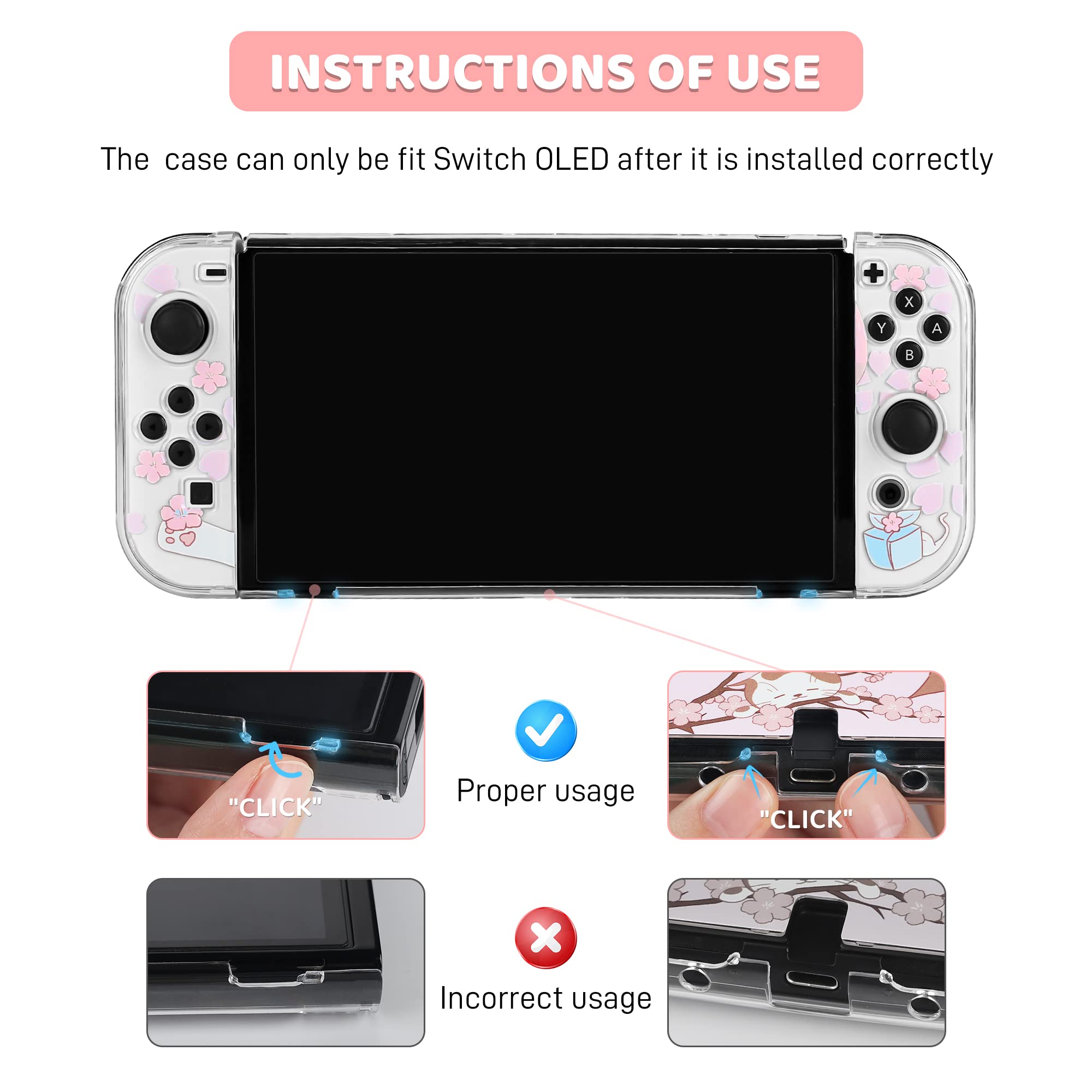 FANPL Cute Case Compatible with Nintendo Switch OLED, Case Cover with Sakura Cat Pattern for Switch OLED Console & Joycon, Hard PC Flip Shell with Ergonomics Grip Case, Kawaii Dockable Skin for Girls