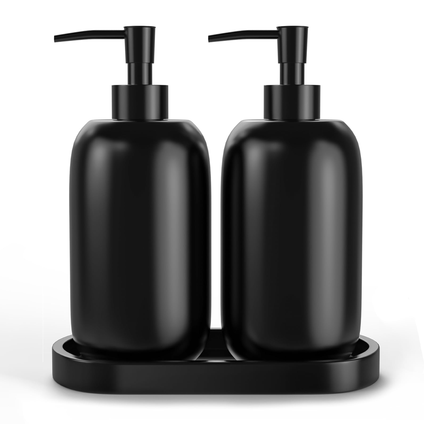 FoverOne 2 Pack Soap Dispenser Set with Tray & Waterproof Labels, 14.5Oz Resin Hand Soap Dish Soap Body Lotion Refillable Dispensers for Kitchen Sink Bathroom Vanity - Black