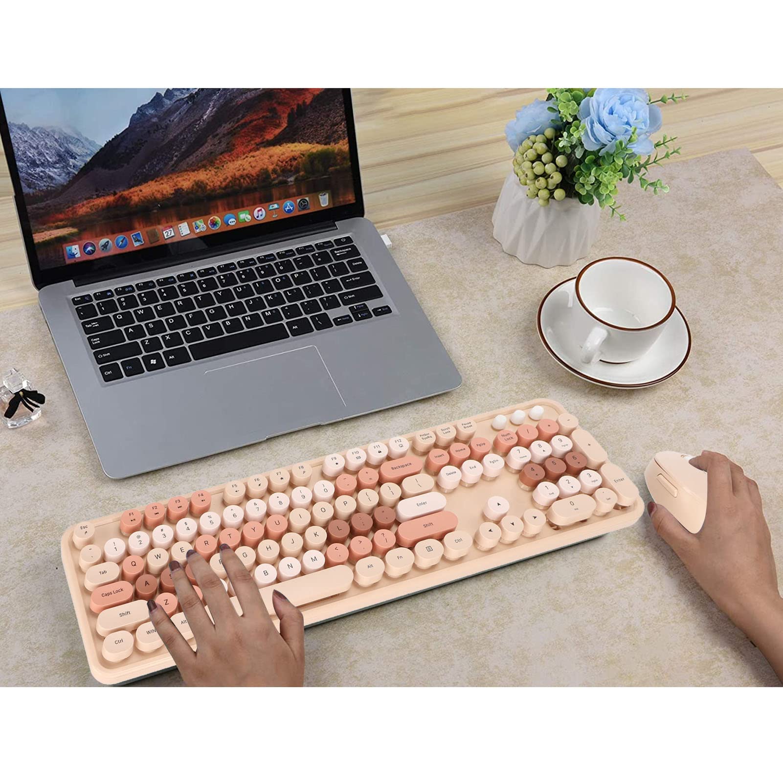 Wireless Keyboard and Mouse Combo,104 Keys Ergonomic Cute Desktop Game Keyboard and Mouse Sets for Girls for Home Office Work Gaming,Valentine's Birthday Gift (Milk Tea)