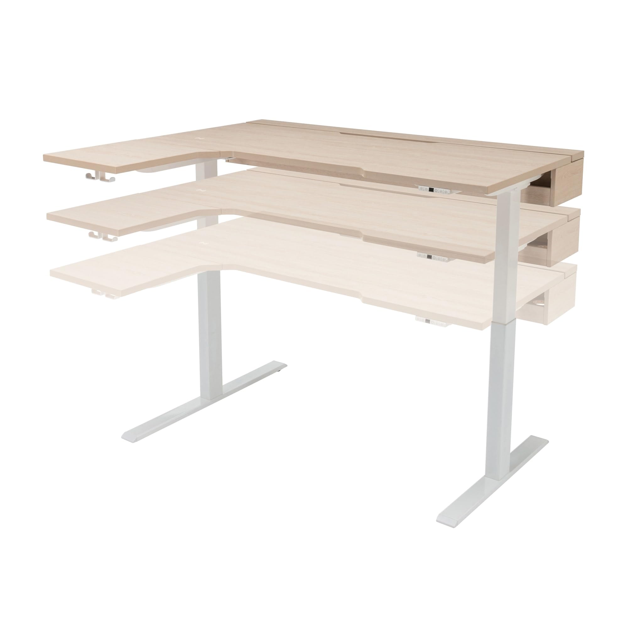 RealspaceĀ® Koru Electric 59"W L-Shaped Height-Adjustable Standing Desk with Integrated Power & Charging, Natural Oak