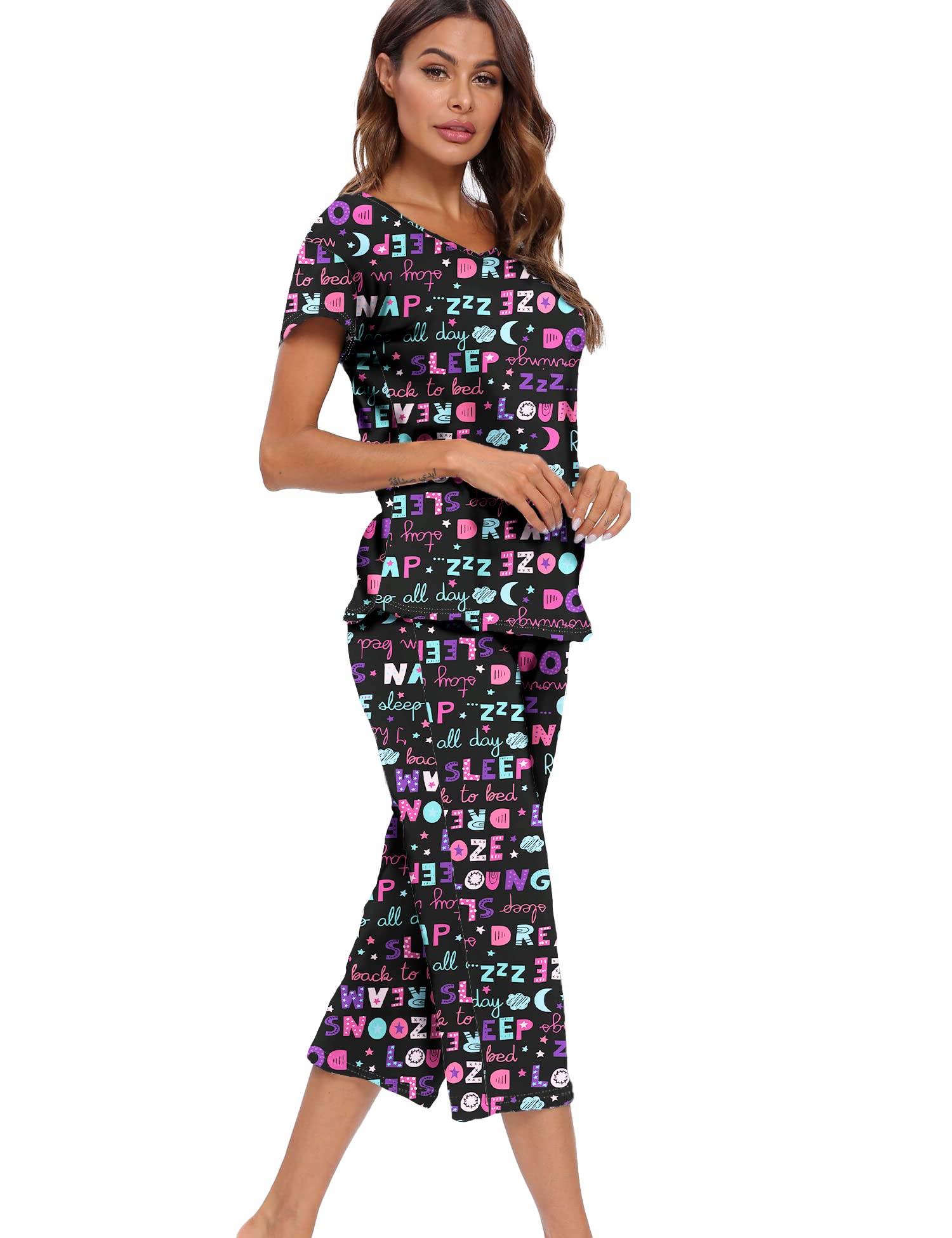 ENJOYNIGHT Women's Pajama Sets Cotton Sleepwear Tops with Capri Pants Summer Pjs (ABC, X-Large)