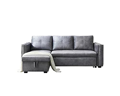 MOEO 91" Reversible Sleeper Sectional Sofa, L-Shape Corner Couch with Storage Chaise and Pulled Out Bed, Tufted Buttons Nailheaded Design for Living Room, Home, Gray