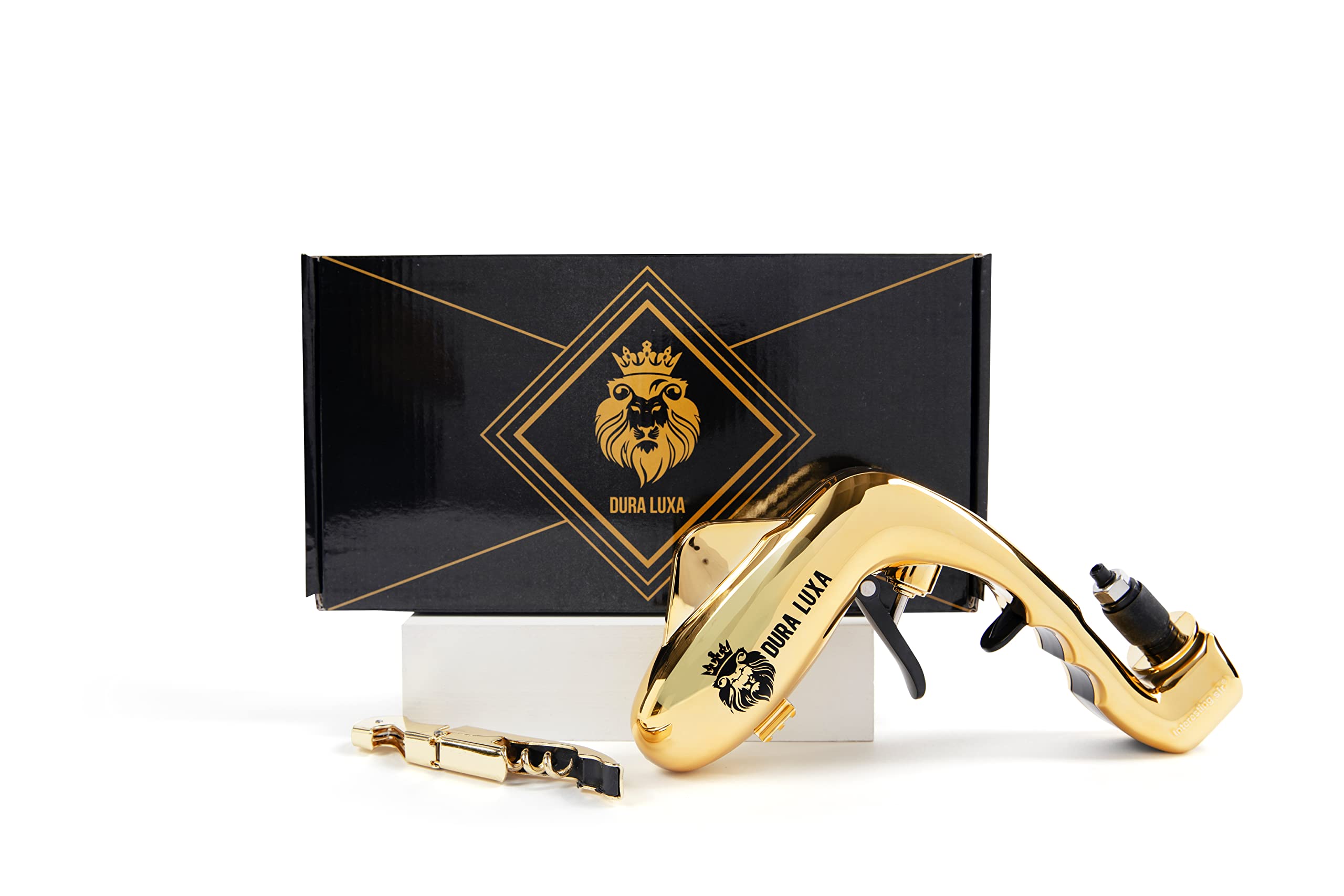 Dura Luxa Champagne Bubbly Wine Beer Alcohol and New Generation Adjustable Gold Gun Blaster Dispenser with Wine Stoppers Accessory - Bottle Opener Included