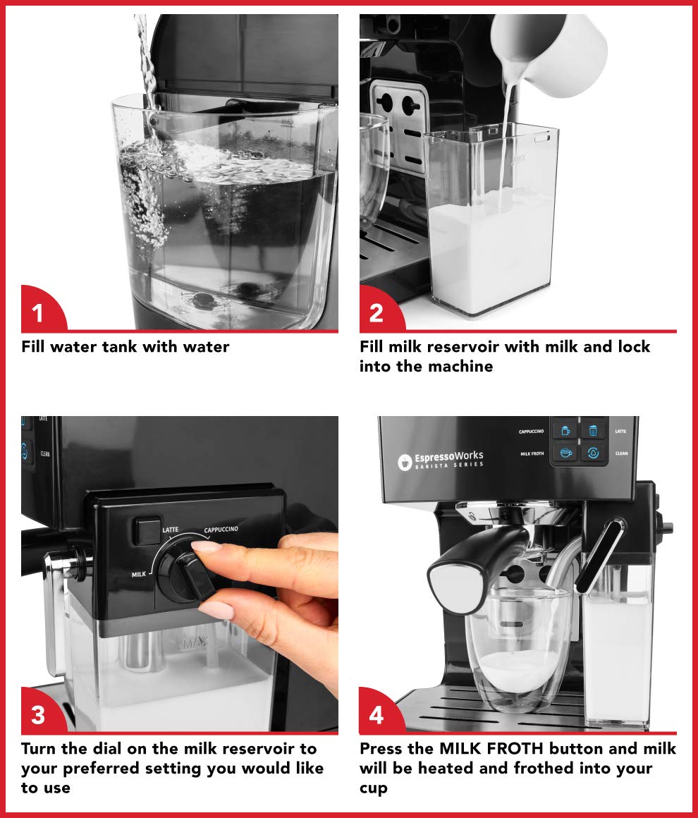 EspressoWorks 19-Bar Espresso, Latte and Cappuccino Maker 10-Piece Set - Brew Cappuccino and Latte with One Button - Espresso Machine with Milk Steamer 1250W - Coffee Gifts (Black)
