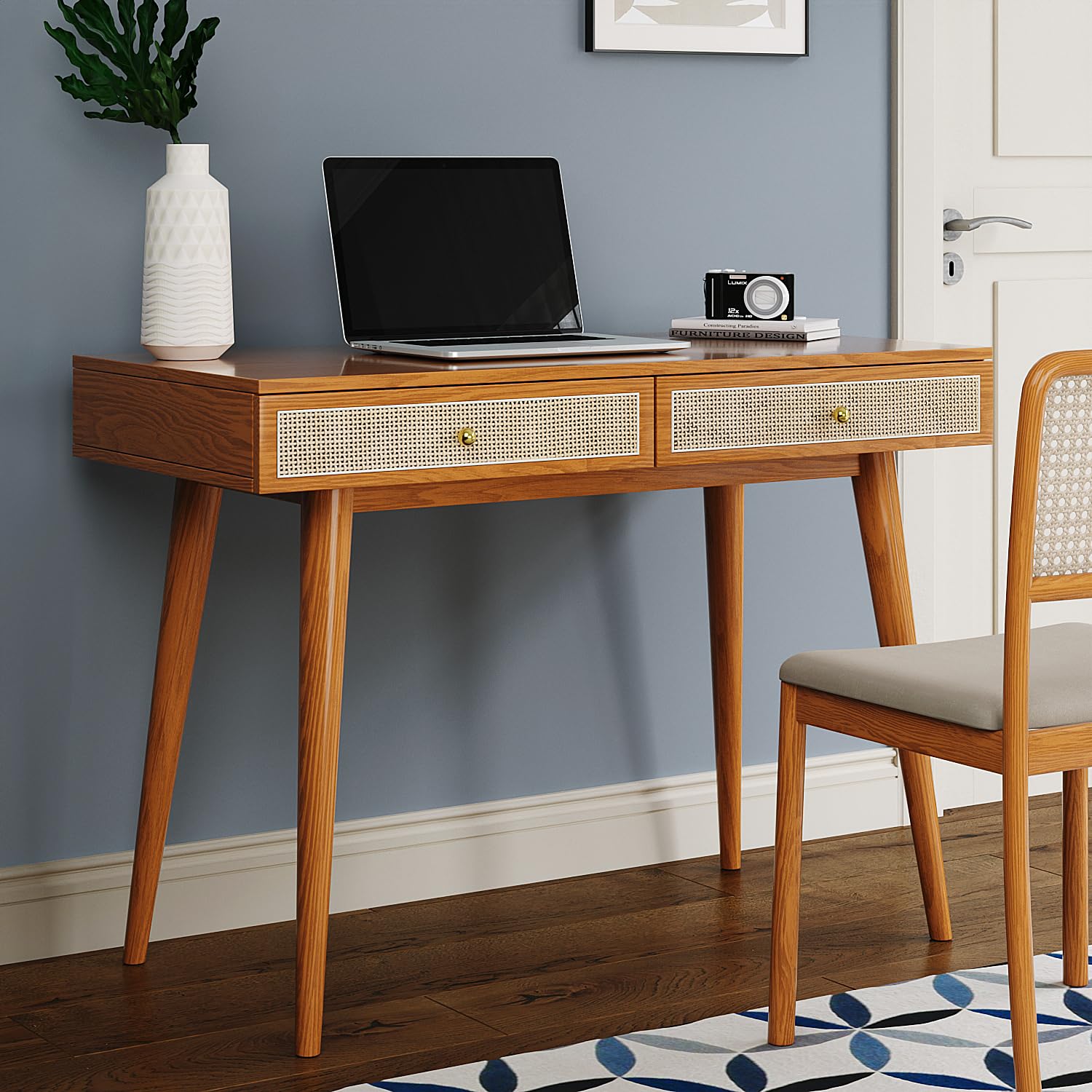 Longcoam Design Mid-Century Modern Solid Wood Desk with Drawers β 45 inch Small Boho Rattan Writing Desk for Home Office, Minimalist Design Natural Wood Legs Table for Workspace Elegance