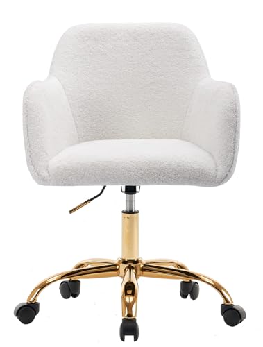 Modern Teddy Home Office Chair, Upholstered Cute Desk Chair with Gold Metal Legs, Adjustable Swivel Task Chair with Wheels, Vanity Chair for Girls Women Small Space Bedroom Study Makeup, White