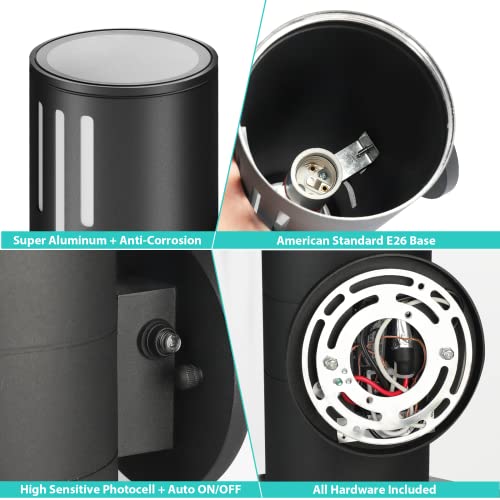 Dusk to Dawn Sensor Outdoor Wall Sconce, Exterior Waterproof Wall Lantern Light Fixture, Up Down Wall Mount Lighting Matte Black Anti-Rust, E26 Socket Wall Lamp for Porch Doorway Garage, 2 Pack