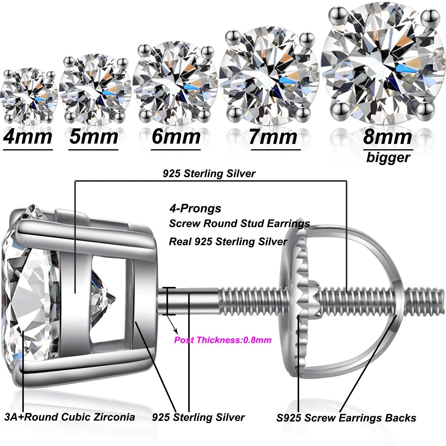 Diamond Studs CZ Earrings Studs Diamond Stud Earrings Screw Back Cubic Zirconia Studs Sterling Silver Cubic Zirconia Earrings Twist Back CZ Stud Earrings Women Diamond Silver Studs Cubic Studs Silver
