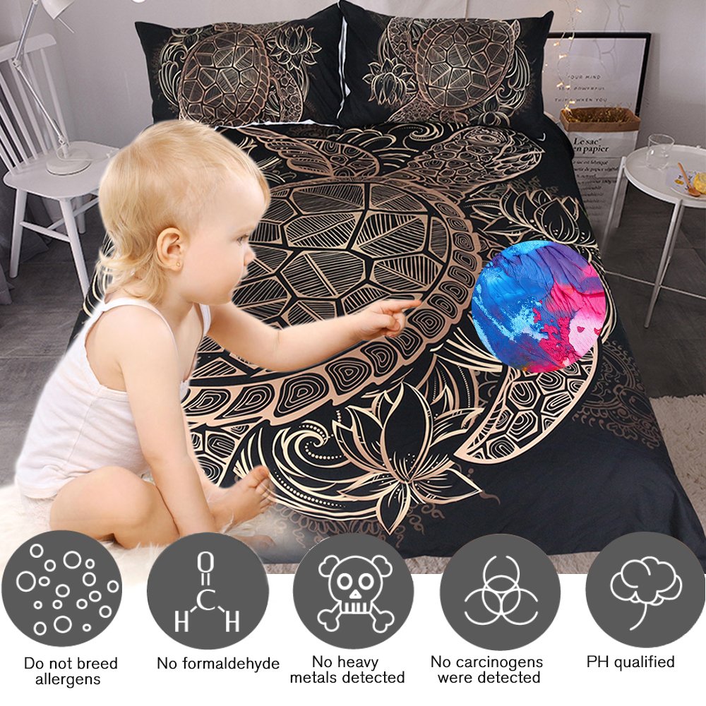 Sleepwish Gold Black Tortoise Bedding 3D Printed Golden Duvet Cover Turtle Floral Pattern Funky Duvet Cover Bedspread Quilt Cover (Queen)