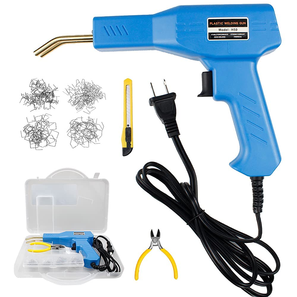 HPEVA 50W Plastic Welder,Hot Stapler Plastic Welding Machine,Handy Hot Staple Gun Car Bumper Repair Kit,Bodywork Fender Fairing Welding Systems Include 4 Types Hot Wave Flat Staples(Blue)