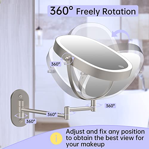Rechargeable Wall Mounted Lighted Makeup Vanity Mirror, Double Sided 1X/7X Magnifying Mirror, 3 Color Lighting Option Dimmable, 360 Rotation Extension Foldable Arm, Oval Frame Shaving Light up Mirror