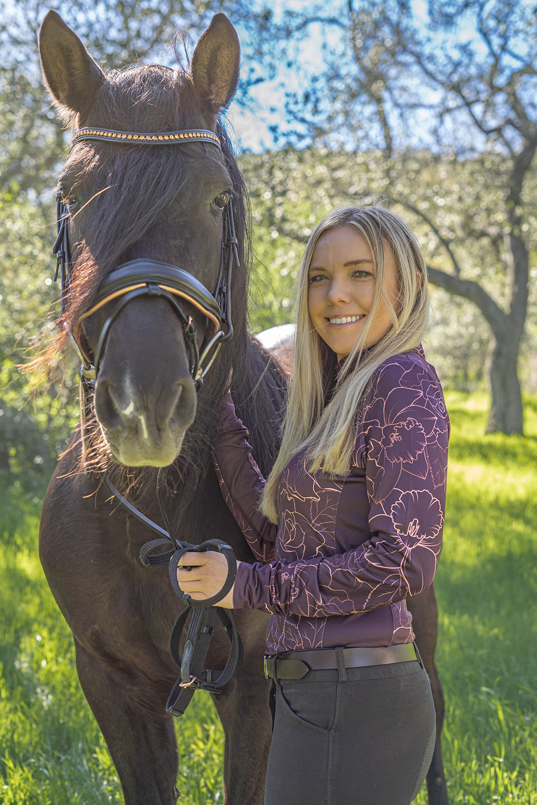 Equestrian Baselayer Long Sleeved Women's Horse Riding Sun Shirt (as1, Alpha, m, Regular, Regular, Plum Roses)