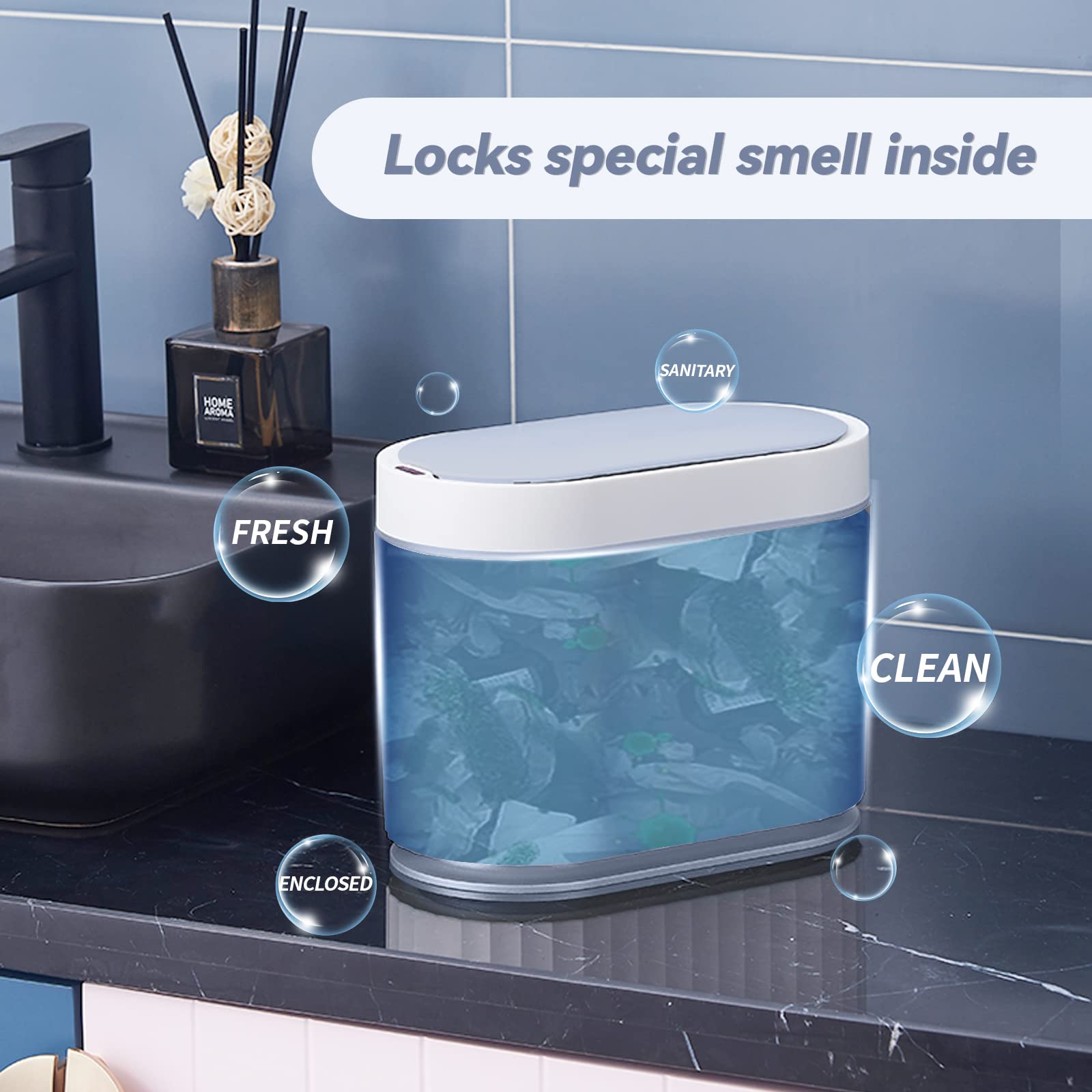 ELPHECO Bathroom Motion Sensor Trash can 8 Litre Automatic Garbage Can, 2 Gallon Slim Plastic Smart Trash Can with Lid, Waterproof Intelligent Trash Bin for Bedroom, Bathroom, Kitchen, Office
