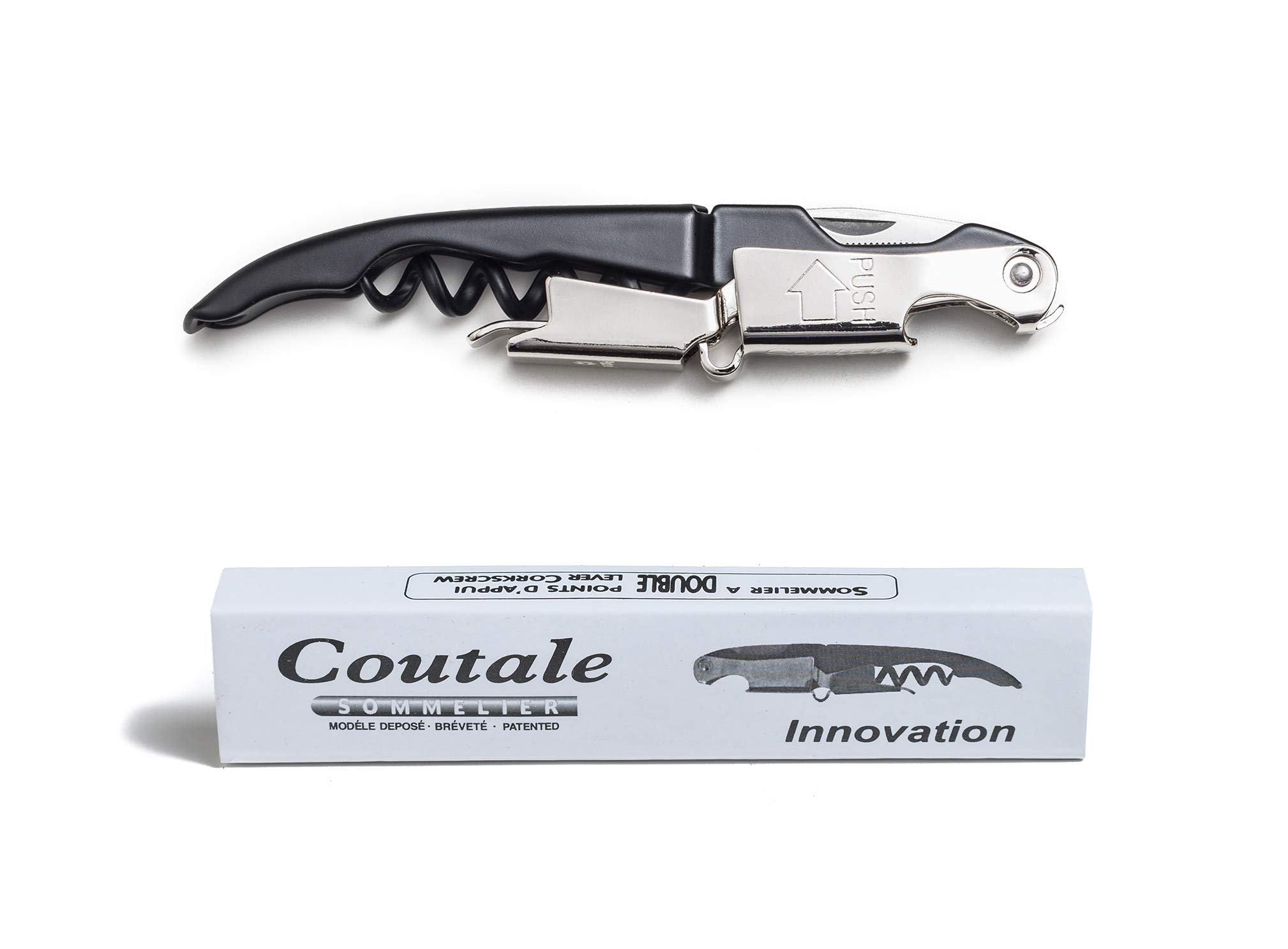 Innovation Waiters Corkscrew By Coutale Sommelier - Black - French Patented Manual Double Lever Wine Bottle Opener for Bartenders and Gifts - Patented Auto Knife Closure