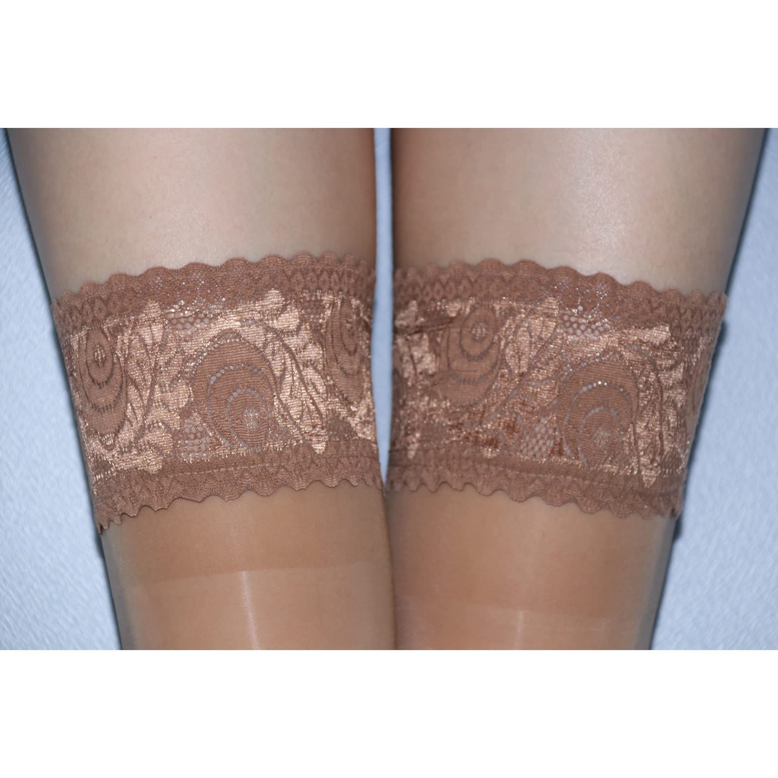 GOCBOBO Women's Oil Shiny Thigh High Stockings Antiskid Silicone Lace Top Stay Up Silky Semi Sheer Hold Ups Stockings 8D Brown
