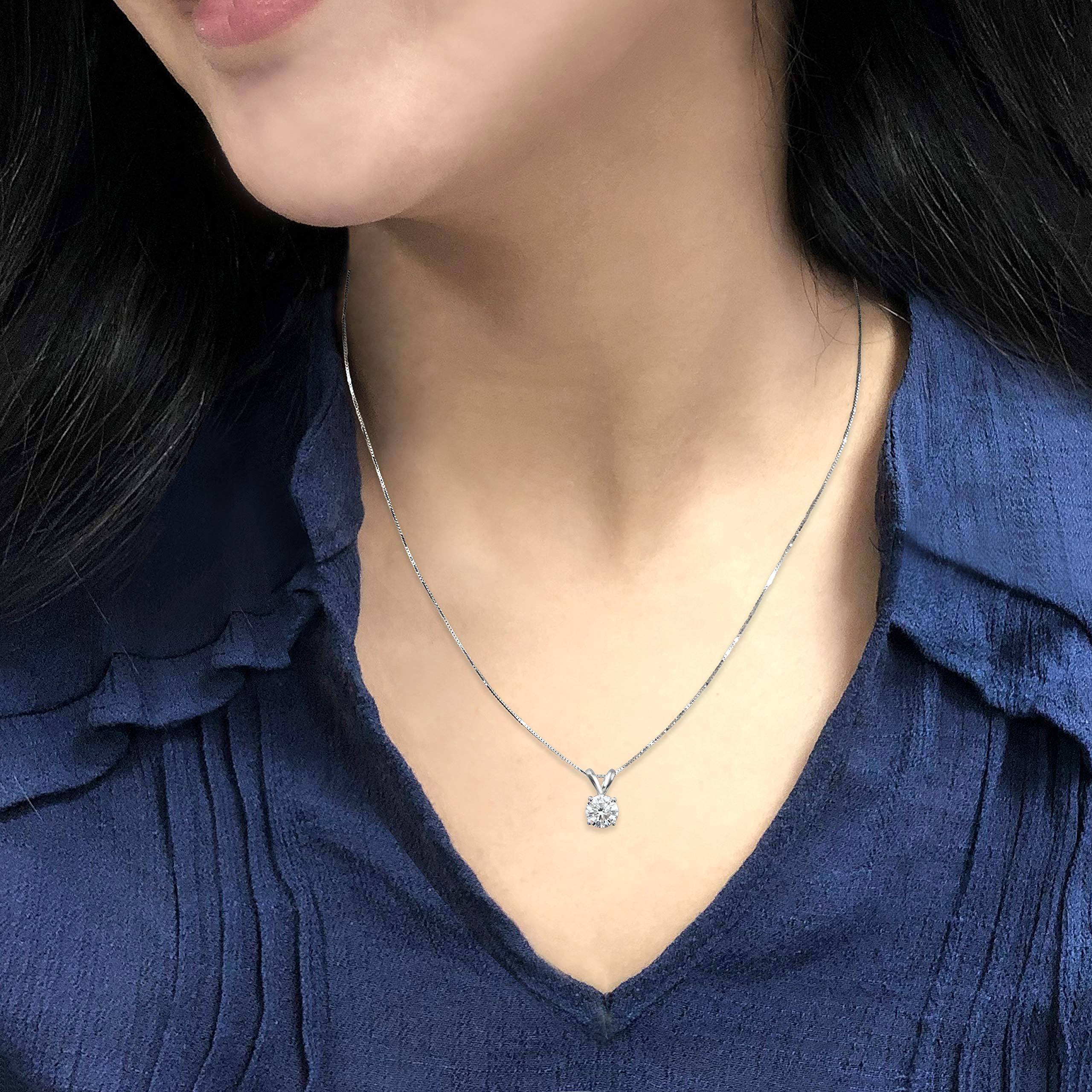 Diamond Wish 1/2 Carat Round Moissanite Solitaire Pendant Necklace in 14k White Gold (H-I, 5 mm) 4-Prong 16 to 18 Inch Adjustable Chain Spring Ring