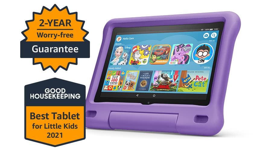 Fire HD 8 Kids tablet, 8" HD display, ages 3-7, 32 GB, includes a 1-year subscription to Amazon Kids+ content, Purple Kid-Proof Case, (2020 release)