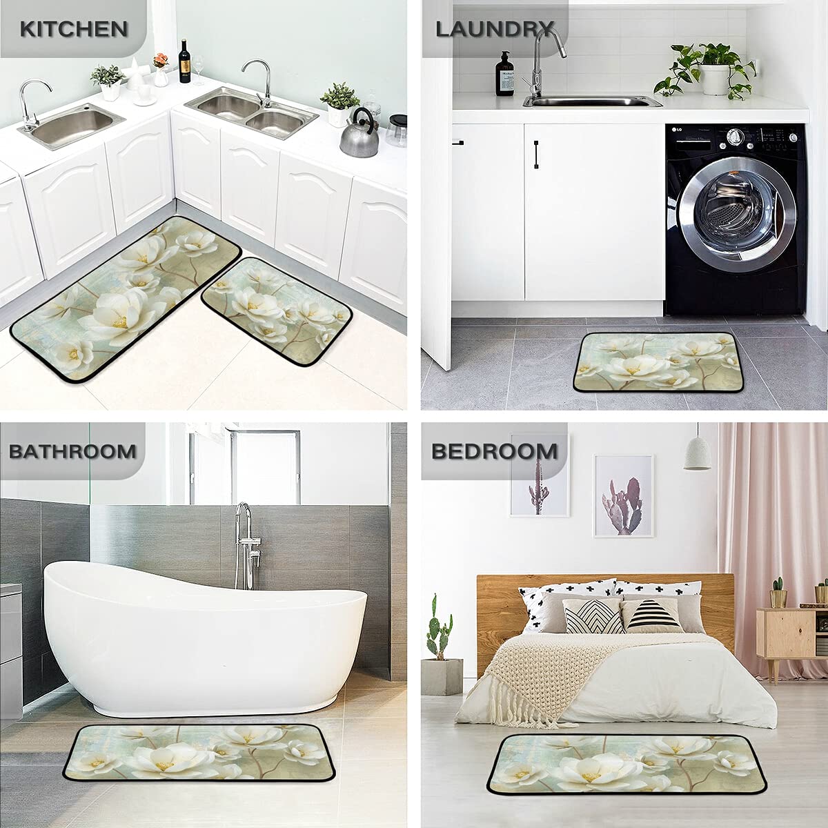Flowers Buds Magnolia Kitchen Rugs and Mats Set 2 Piece Non Slip Washable Runner Rug Set of 2 for Floor Home Decor Sink Kitchen Laundry