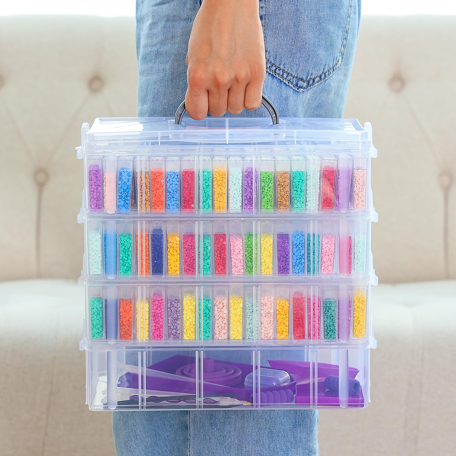 QUEFE 264 Slots 4-Tier Diamond Painting Storage Container Clear Stackable Bead Organizer with Diamond Painting Accessories and Tools for DIY Diamond Art Craft Jewelry Bead Storage