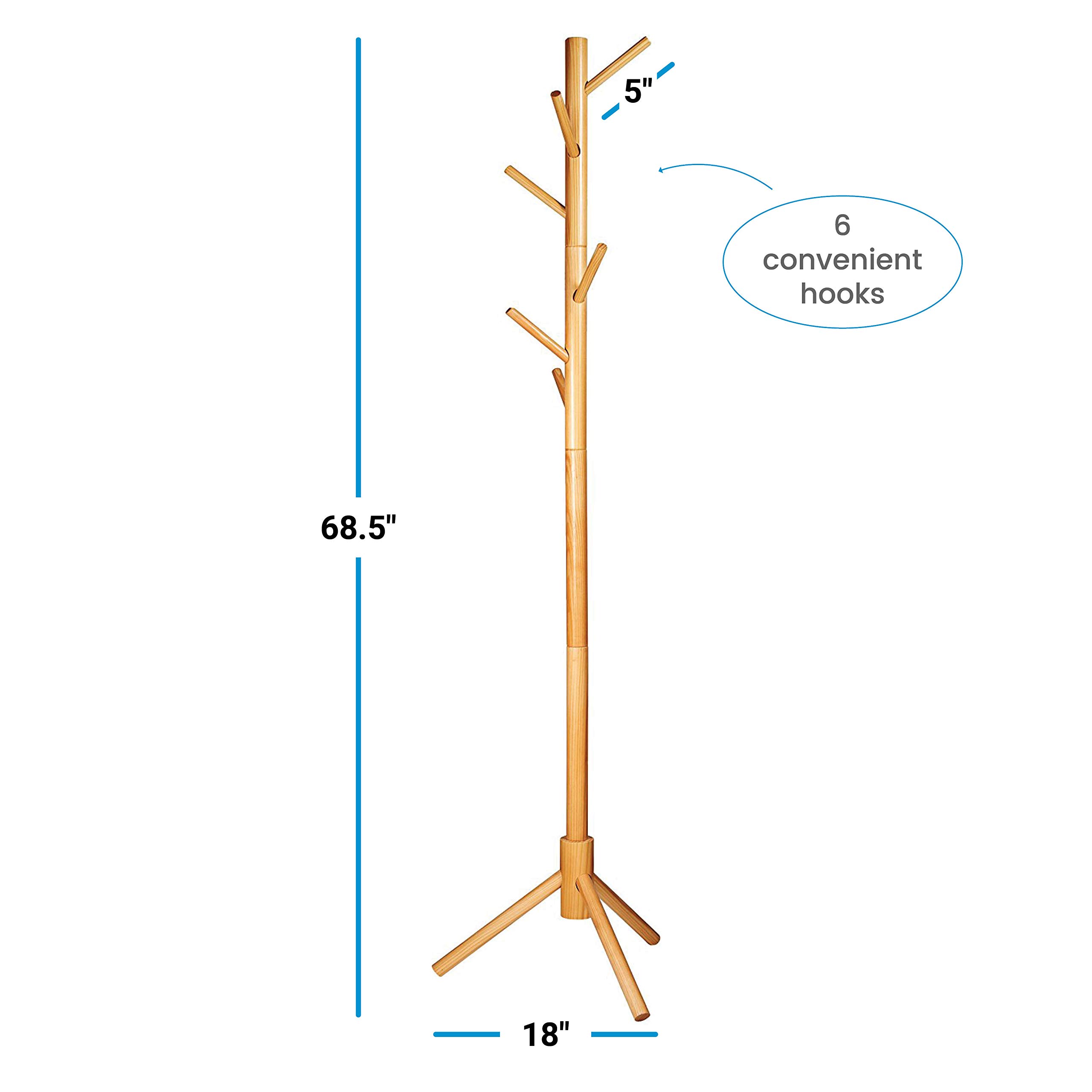 ZOBER Coat Rack Free Standing - Wooden Coat Tree W/ 6 Hooks - Coats, Purses, Hats - Adjustable Sizes, Easy Assembly - Natural