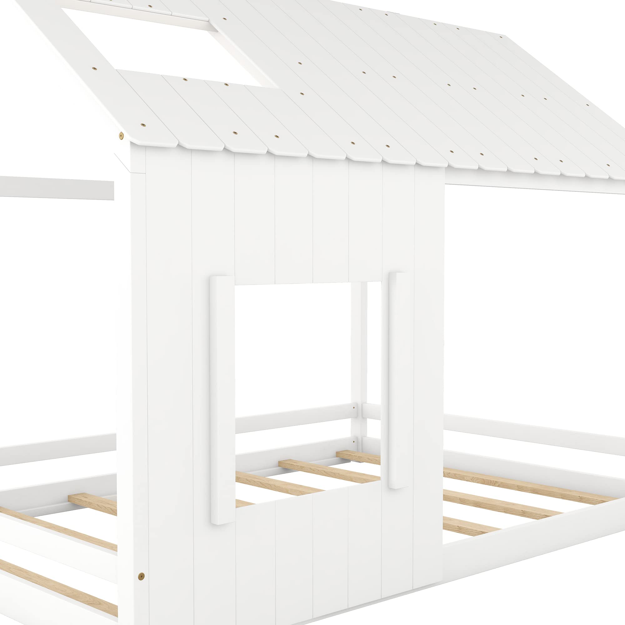 DOLPRNE Full Size House Bed,Modern Floor Bed Frame with Roof and Window,Solid Wood Platform Bed Frame for Kids Teens Girls Boys Bedrooms,White
