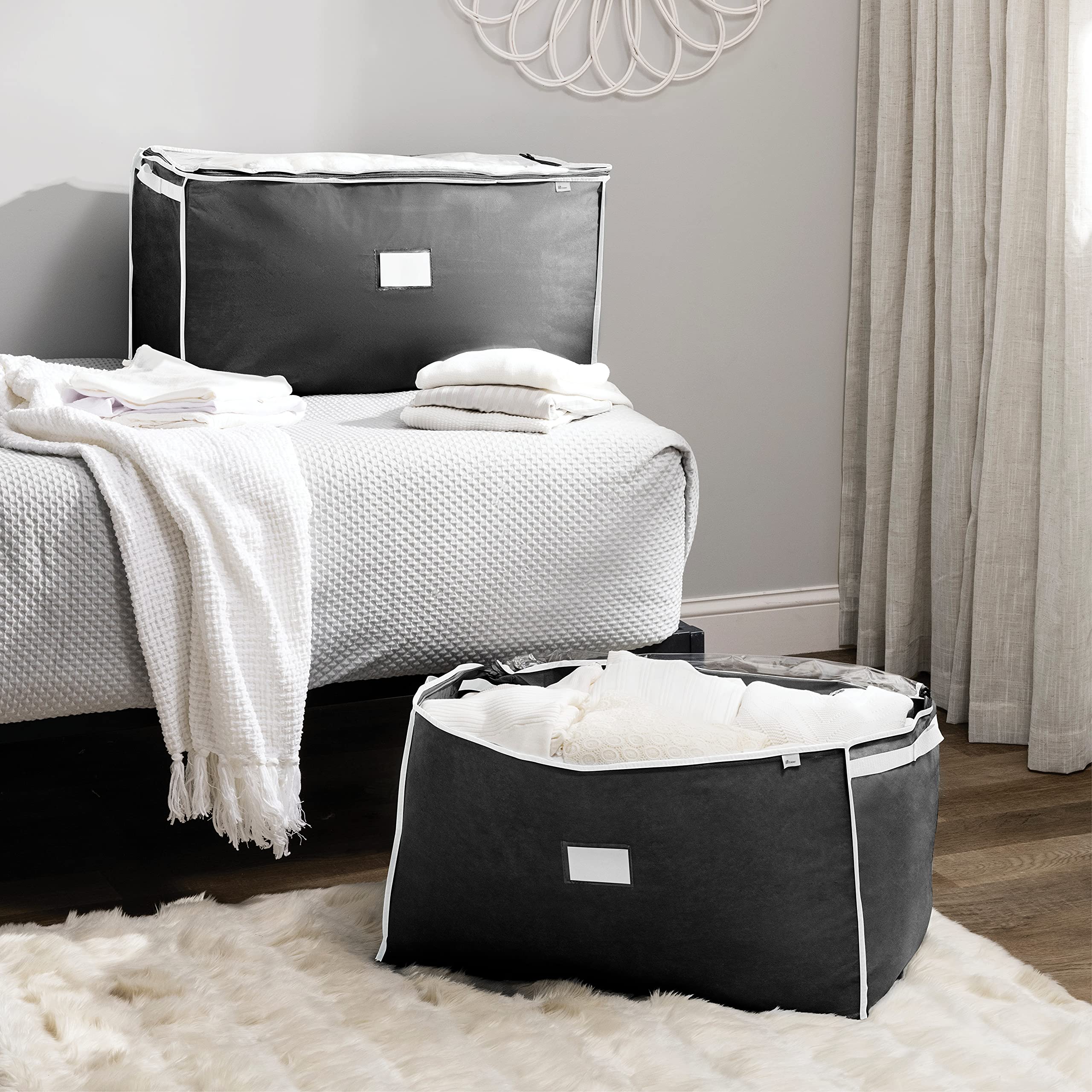ZOBER Jumbo Storage Bag Organizer (2 Pack) Large Capacity Storage Box with Reinforced Strap Handles, PP Non-Woven Material, Clear Window, Store Blankets, Comforters, Linen, Bedding, Seasonal Clothing