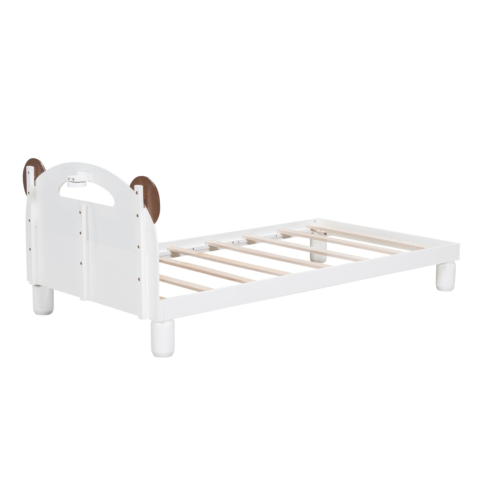 DOLPRNE Twin Size Platform Bed with Bear Ears Shaped Headboard and LED for Kids Adults Bedroom,Cream White