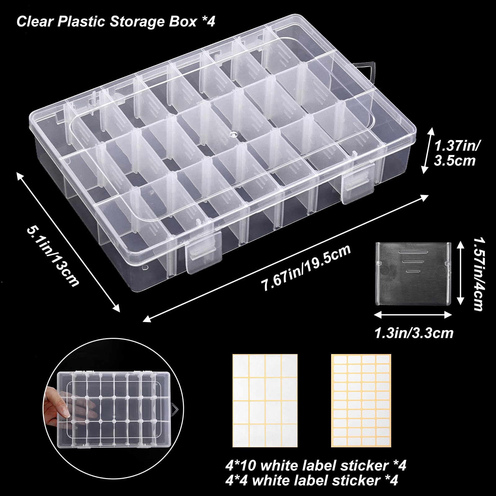 QUEFE 4 Packs 24 Grids Bead Organizer and Storage, Plastic Organizer Box with Removable Divider, Craft Organizer Box for Jewelry Small Parts Candies Snacks, with 8 Sheets of Label Stickers